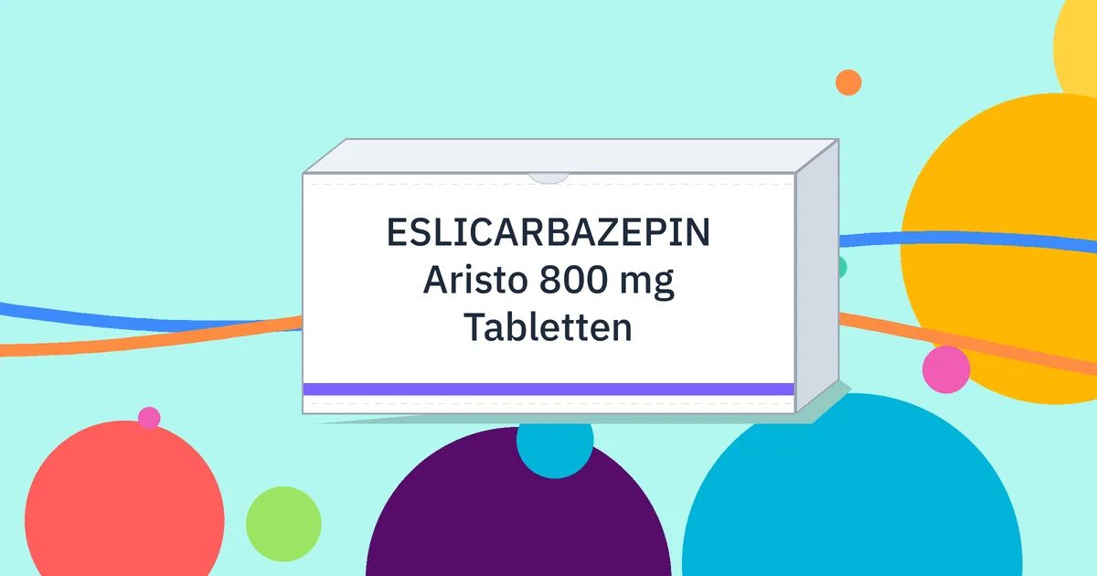 Symbolbild: Packung mit der Aufschrift ESLICARBAZEPIN Aristo 800 mg Tabletten (PZN 16850982) – Verfügbarkeit und Bezug in Apotheken in Frankfurt am Main
