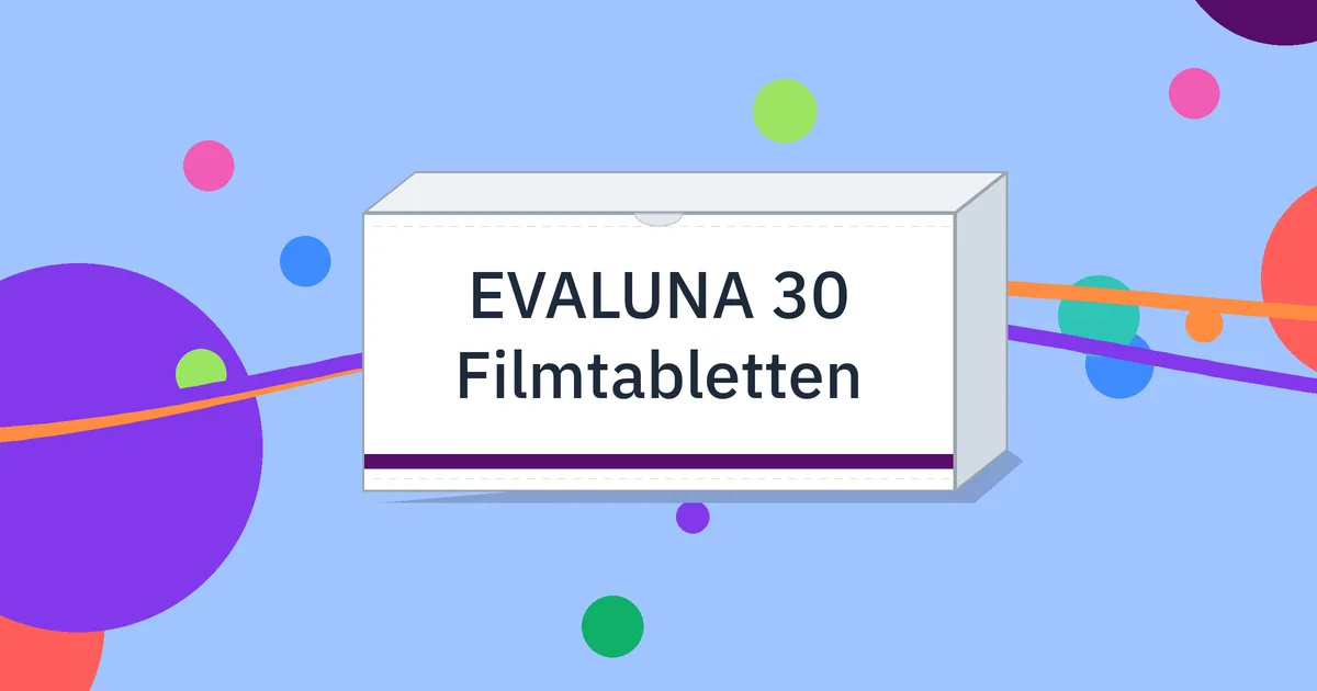 Symbolbild: Packung mit der Aufschrift EVALUNA 30 Filmtabletten (PZN 06569310) – Verfügbarkeit und Bezug in Apotheken in Frankfurt am Main