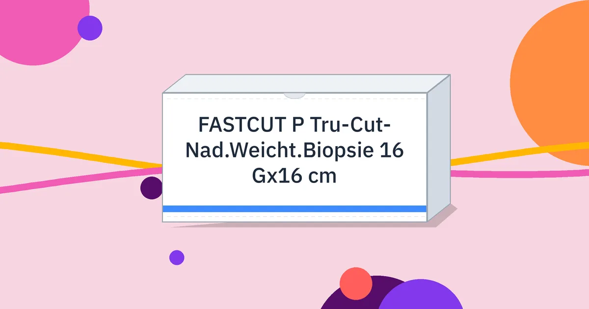 Symbolbild: Packung mit der Aufschrift FASTCUT P Tru-Cut-Nad.Weicht.Biopsie 16 Gx16 cm (PZN 19734845) – Verfügbarkeit und Bezug in Apotheken in Frankfurt am Main