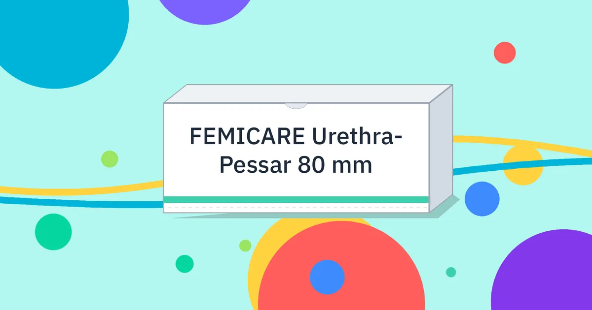 Symbolbild: Packung mit der Aufschrift FEMICARE Urethra-Pessar 80 mm (PZN 19336576) – Verfügbarkeit und Bezug in Apotheken in Frankfurt am Main