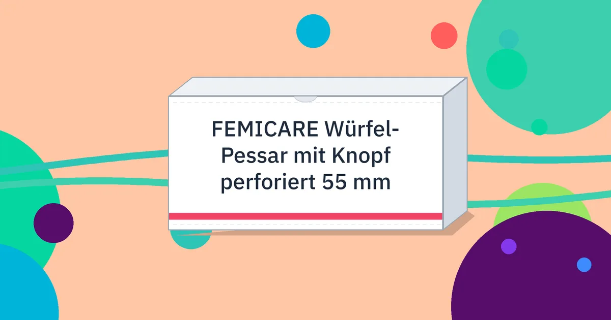 Symbolbild: Packung mit der Aufschrift FEMICARE Würfel-Pessar mit Knopf perforiert 55 mm (PZN 19335950) – Verfügbarkeit und Bezug in Apotheken in Frankfurt am Main