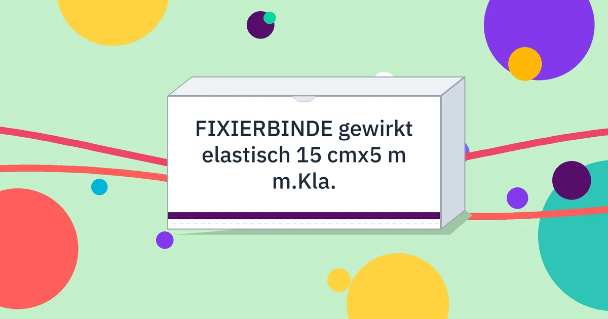 Symbolbild: Packung mit der Aufschrift FIXIERBINDE gewirkt elastisch 15 cmx5 m m.Kla. (PZN 06931946) – Verfügbarkeit und Bezug in Apotheken in Frankfurt am Main
