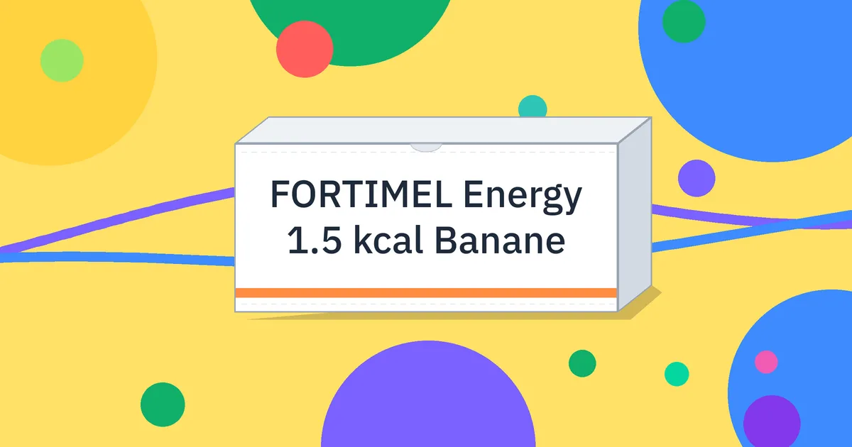 Symbolbild: Packung mit der Aufschrift FORTIMEL Energy 1.5 kcal Banane (PZN 20168598) – Verfügbarkeit und Bezug in Apotheken in Frankfurt am Main