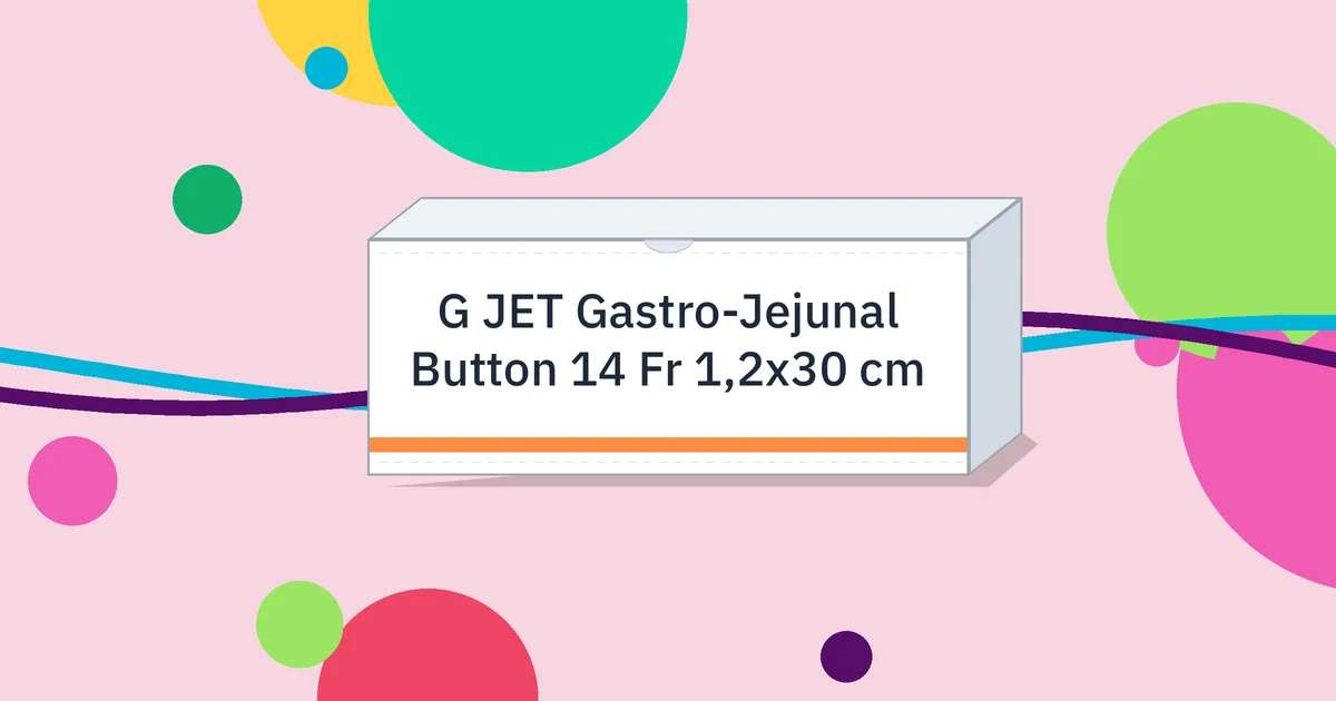 Symbolbild: Packung mit der Aufschrift G JET Gastro-Jejunal Button 14 Fr 1,2x30 cm (PZN 14346400) – Verfügbarkeit und Bezug in Apotheken in Frankfurt am Main