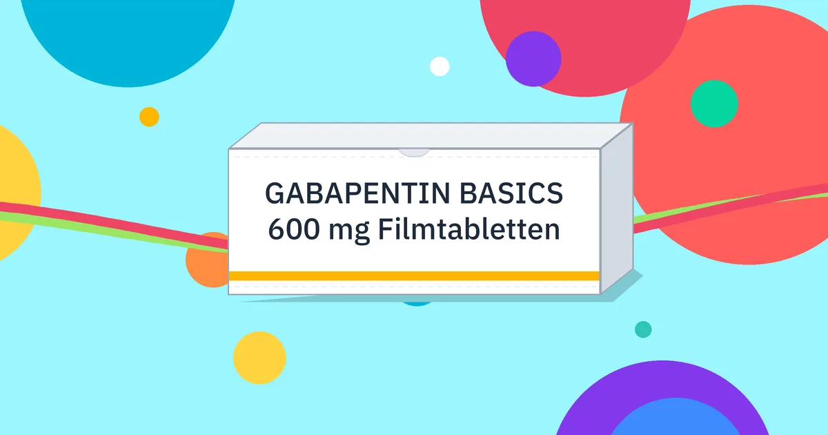 Symbolbild: Packung mit der Aufschrift GABAPENTIN BASICS 600 mg Filmtabletten (PZN 01072326) – Verfügbarkeit und Bezug in Apotheken in Frankfurt am Main