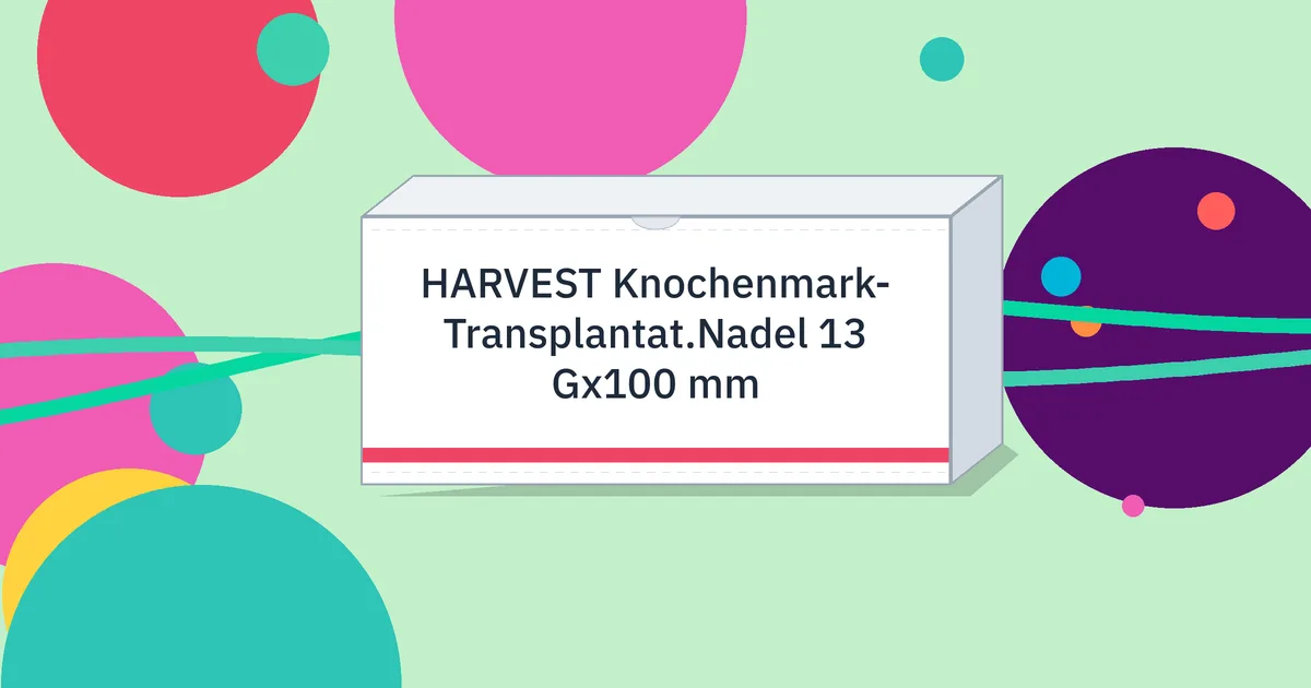 Symbolbild: Packung mit der Aufschrift HARVEST Knochenmark-Transplantat.Nadel 13 Gx100 mm (PZN 16362722) – Verfügbarkeit und Bezug in Apotheken in Frankfurt am Main