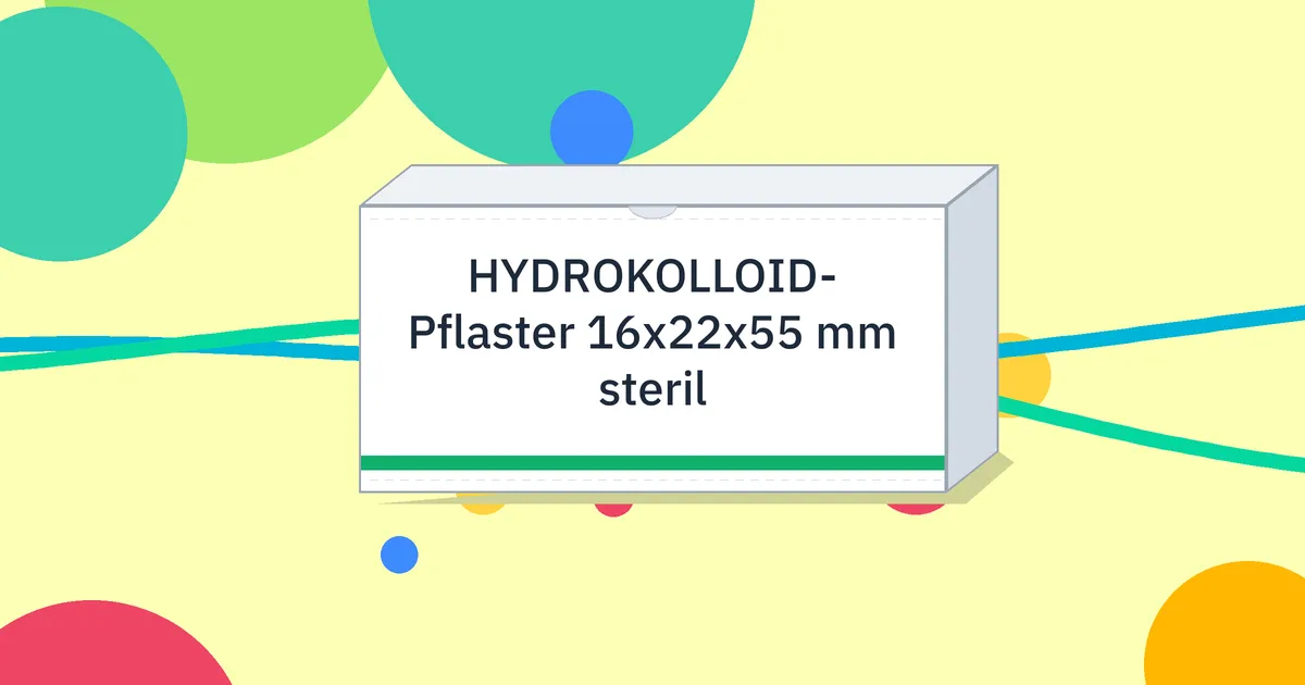 Symbolbild: Packung mit der Aufschrift HYDROKOLLOID-Pflaster 16x22x55 mm steril (PZN 11638527) – Verfügbarkeit und Bezug in Apotheken in Frankfurt am Main