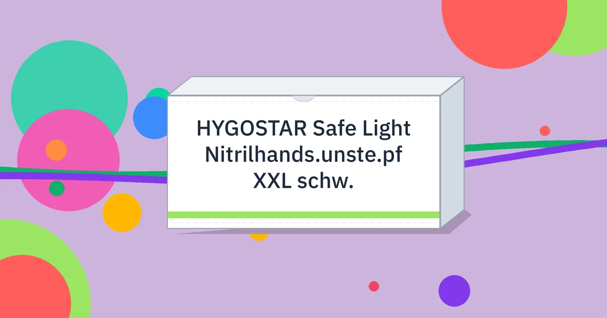 Symbolbild: Packung mit der Aufschrift HYGOSTAR Safe Light Nitrilhands.unste.pf XXL schw. (PZN 20775068) – Verfügbarkeit und Bezug in Apotheken in Frankfurt am Main