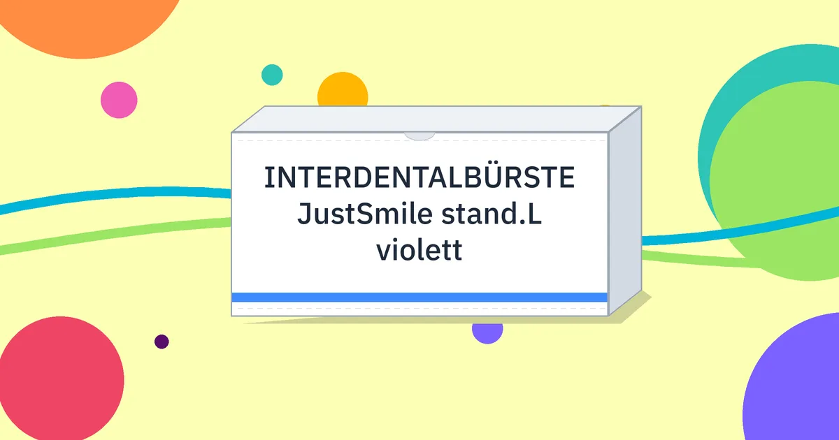 Symbolbild: Packung mit der Aufschrift INTERDENTALBÜRSTE JustSmile stand.L violett (PZN 09768501) – Verfügbarkeit und Bezug in Apotheken in Frankfurt am Main