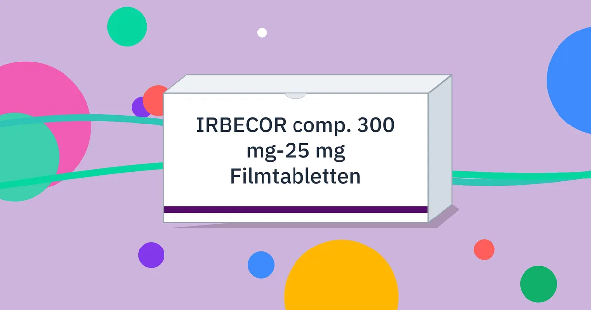 Symbolbild: Packung mit der Aufschrift IRBECOR comp. 300 mg-25 mg Filmtabletten (PZN 09765112) – Verfügbarkeit und Bezug in Apotheken in Frankfurt am Main