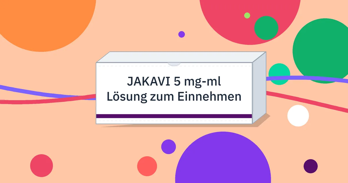 Symbolbild: Packung mit der Aufschrift JAKAVI 5 mg-ml Lösung zum Einnehmen (PZN 19197809) – Verfügbarkeit und Bezug in Apotheken in Frankfurt am Main