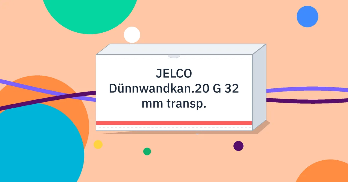 Symbolbild: Packung mit der Aufschrift JELCO Dünnwandkan.20 G 32 mm transp. (PZN 09106349) – Verfügbarkeit und Bezug in Apotheken in Frankfurt am Main