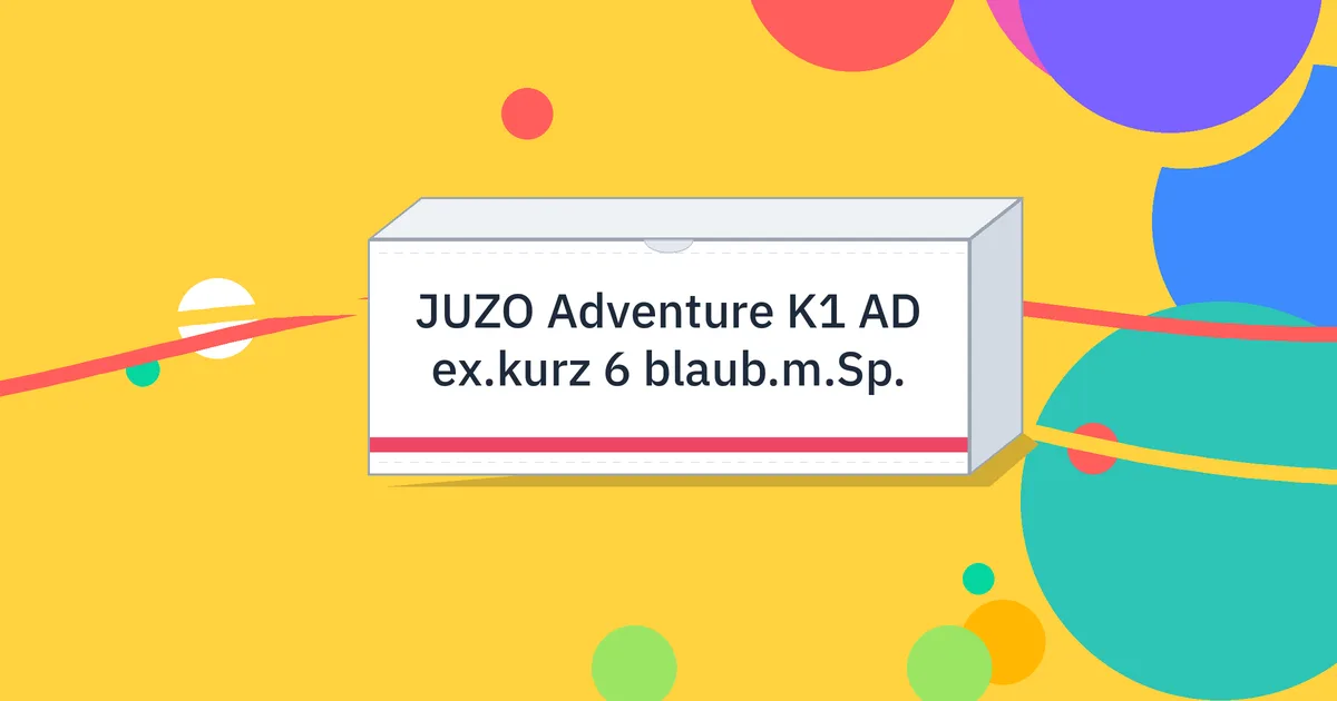 Symbolbild: Packung mit der Aufschrift JUZO Adventure K1 AD ex.kurz 6 blaub.m.Sp. (PZN 16346137) – Verfügbarkeit und Bezug in Apotheken in Frankfurt am Main