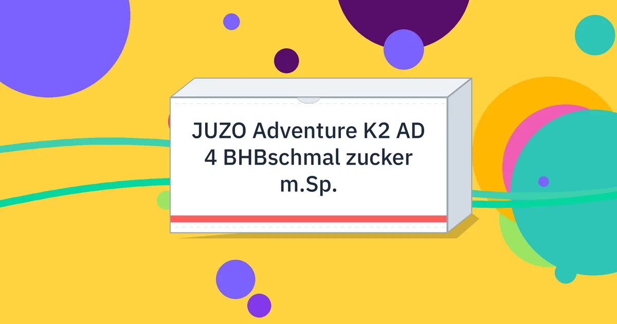 Symbolbild: Packung mit der Aufschrift JUZO Adventure K2 AD 4 BHBschmal zucker m.Sp. (PZN 16343179) – Verfügbarkeit und Bezug in Apotheken in Frankfurt am Main