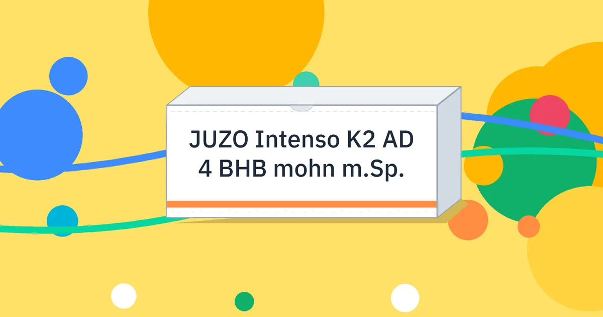Symbolbild: Packung mit der Aufschrift JUZO Intenso K2 AD 4 BHB mohn m.Sp. (PZN 18613542) – Verfügbarkeit und Bezug in Apotheken in Frankfurt am Main