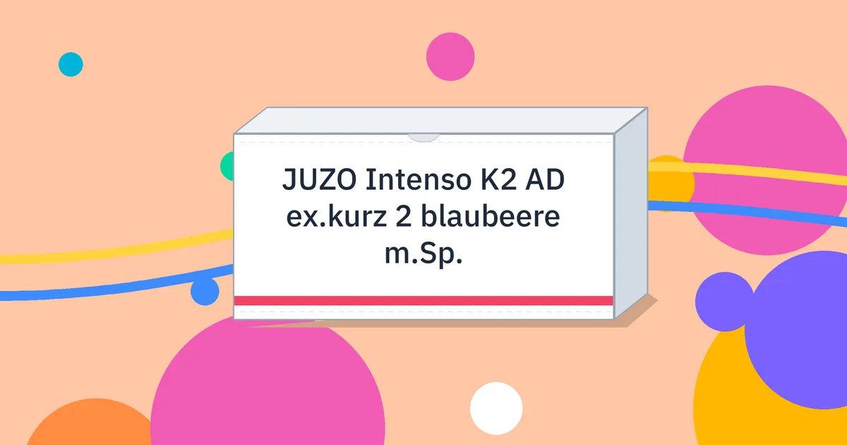 Symbolbild: Packung mit der Aufschrift JUZO Intenso K2 AD ex.kurz 2 blaubeere m.Sp. (PZN 18608104) – Verfügbarkeit und Bezug in Apotheken in Frankfurt am Main