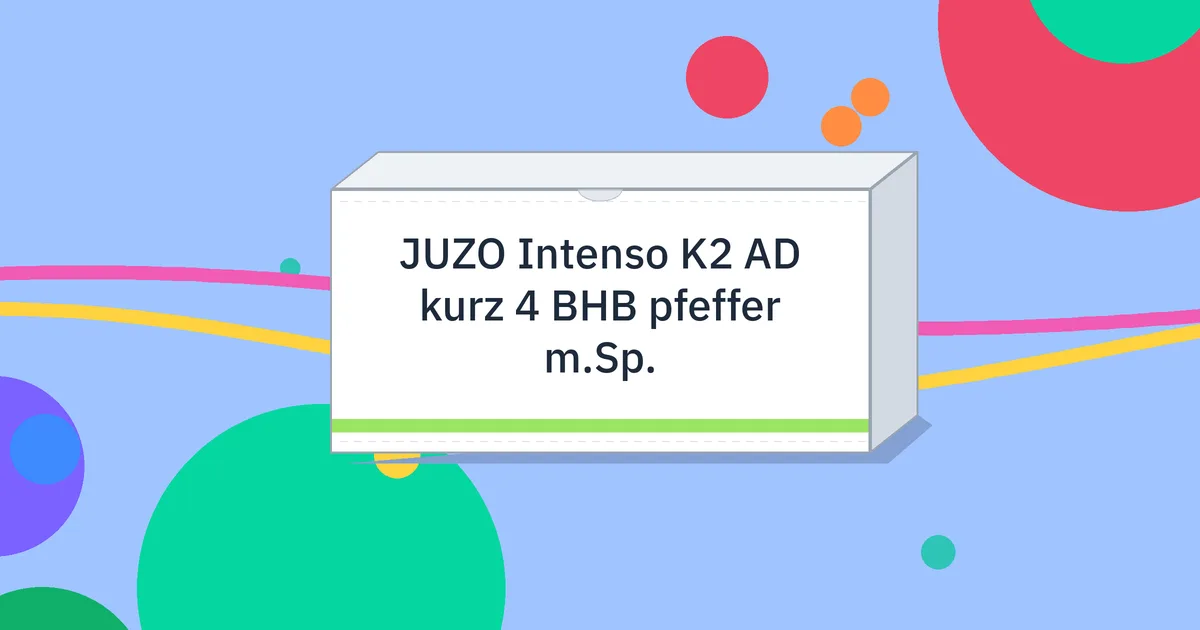 Symbolbild: Packung mit der Aufschrift JUZO Intenso K2 AD kurz 4 BHB pfeffer m.Sp. (PZN 18614346) – Verfügbarkeit und Bezug in Apotheken in Frankfurt am Main