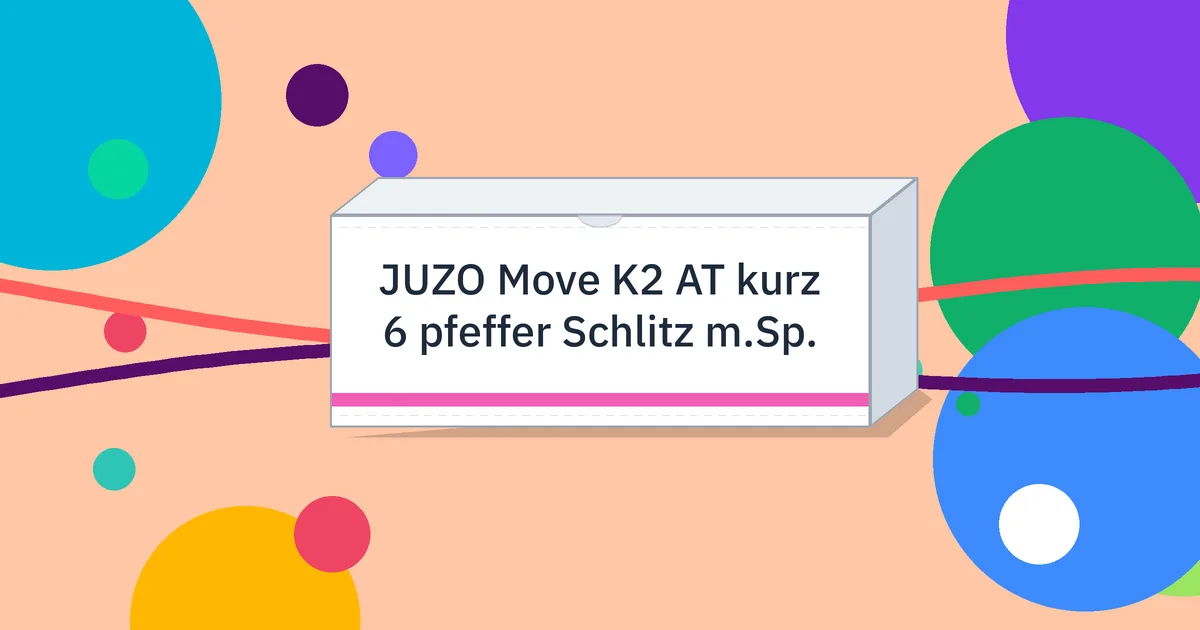 Symbolbild: Packung mit der Aufschrift JUZO Move K2 AT kurz 6 pfeffer Schlitz m.Sp. (PZN 20674775) – Verfügbarkeit und Bezug in Apotheken in Frankfurt am Main
