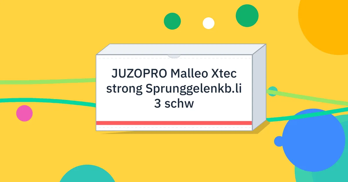 Symbolbild: Packung mit der Aufschrift JUZOPRO Malleo Xtec strong Sprunggelenkb.li 3 schw (PZN 19074107) – Verfügbarkeit und Bezug in Apotheken in Frankfurt am Main