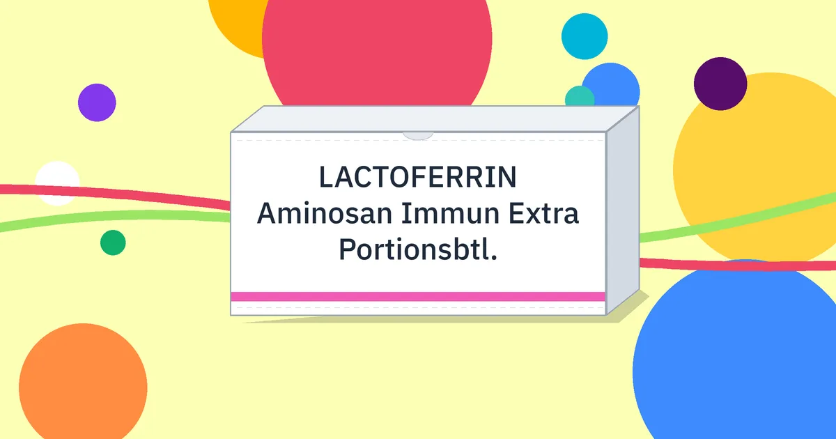 Symbolbild: Packung mit der Aufschrift LACTOFERRIN Aminosan Immun Extra Portionsbtl. (PZN 13716958) – Verfügbarkeit und Bezug in Apotheken in Frankfurt am Main