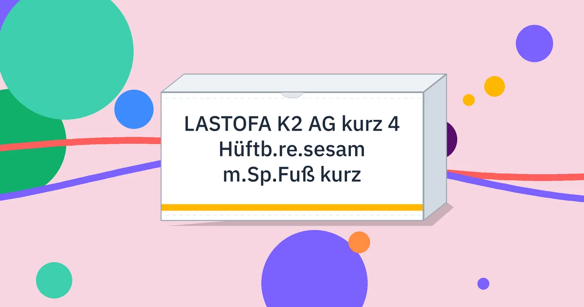 Symbolbild: Packung mit der Aufschrift LASTOFA K2 AG kurz 4 Hüftb.re.sesam m.Sp.Fuß kurz (PZN 13811680) – Verfügbarkeit und Bezug in Apotheken in Frankfurt am Main