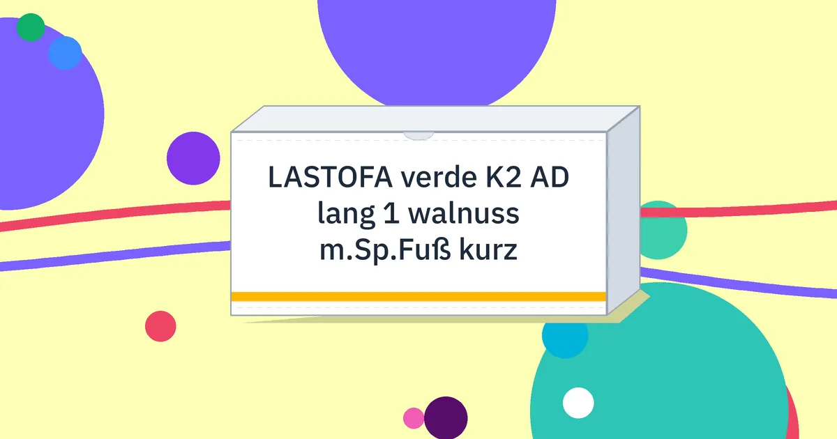Symbolbild: Packung mit der Aufschrift LASTOFA verde K2 AD lang 1 walnuss m.Sp.Fuß kurz (PZN 16721670) – Verfügbarkeit und Bezug in Apotheken in Frankfurt am Main