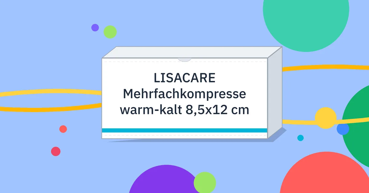 Symbolbild: Packung mit der Aufschrift LISACARE Mehrfachkompresse warm-kalt 8,5x12 cm (PZN 19821805) – Verfügbarkeit und Bezug in Apotheken in Frankfurt am Main