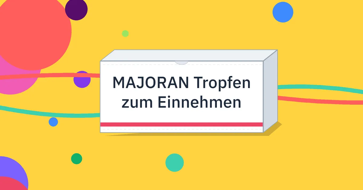 Symbolbild: Packung mit der Aufschrift MAJORAN Tropfen zum Einnehmen (PZN 11366715) – Verfügbarkeit und Bezug in Apotheken in Frankfurt am Main