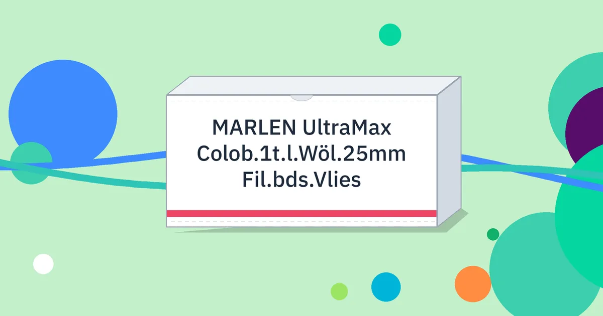Symbolbild: Packung mit der Aufschrift MARLEN UltraMax Colob.1t.l.Wöl.25mm Fil.bds.Vlies (PZN 00625208) – Verfügbarkeit und Bezug in Apotheken in Frankfurt am Main