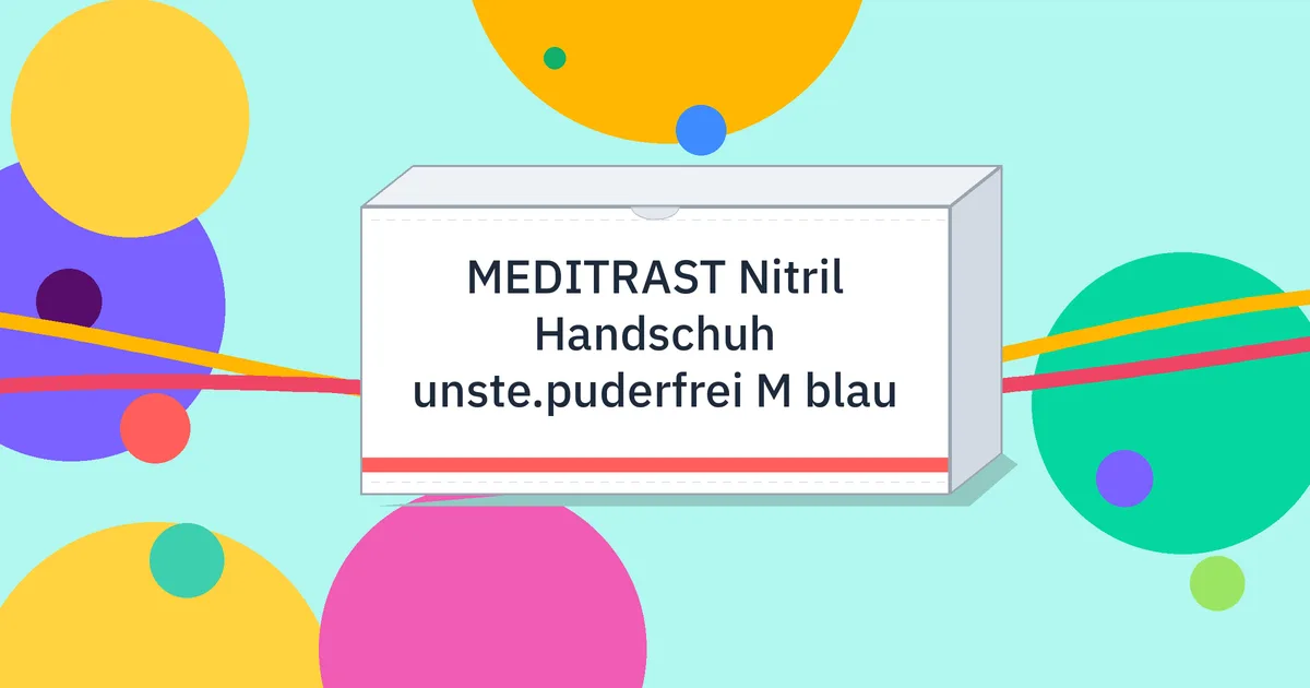 Symbolbild: Packung mit der Aufschrift MEDITRAST Nitril Handschuh unste.puderfrei M blau (PZN 13510990) – Verfügbarkeit und Bezug in Apotheken in Frankfurt am Main