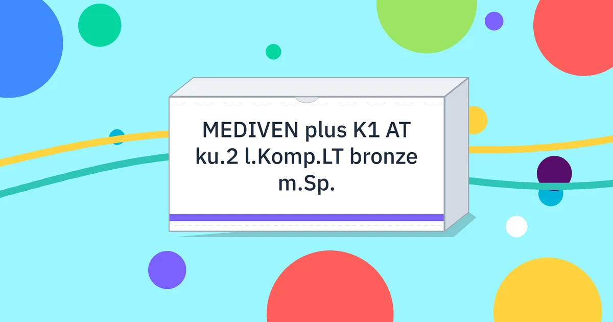 Symbolbild: Packung mit der Aufschrift MEDIVEN plus K1 AT ku.2 l.Komp.LT bronze m.Sp. (PZN 15029699) – Verfügbarkeit und Bezug in Apotheken in Frankfurt am Main