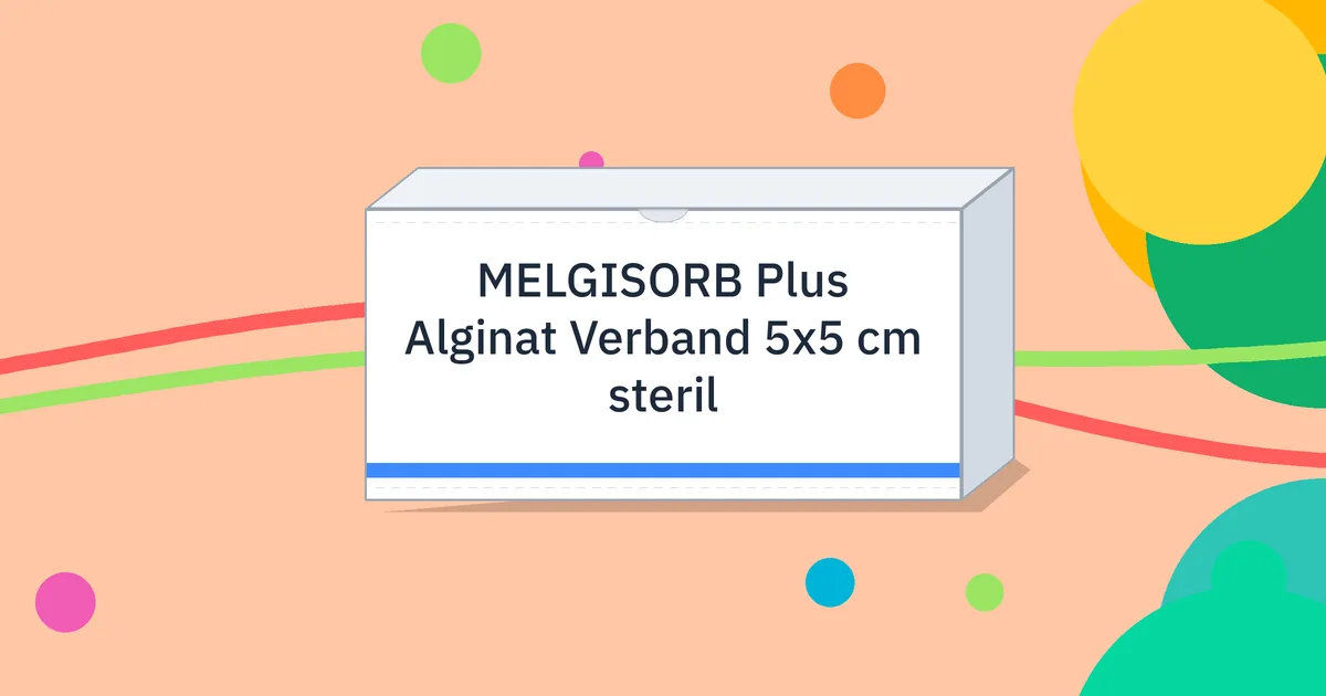 Symbolbild: Packung mit der Aufschrift MELGISORB Plus Alginat Verband 5x5 cm steril (PZN 11002781) – Verfügbarkeit und Bezug in Apotheken in Frankfurt am Main
