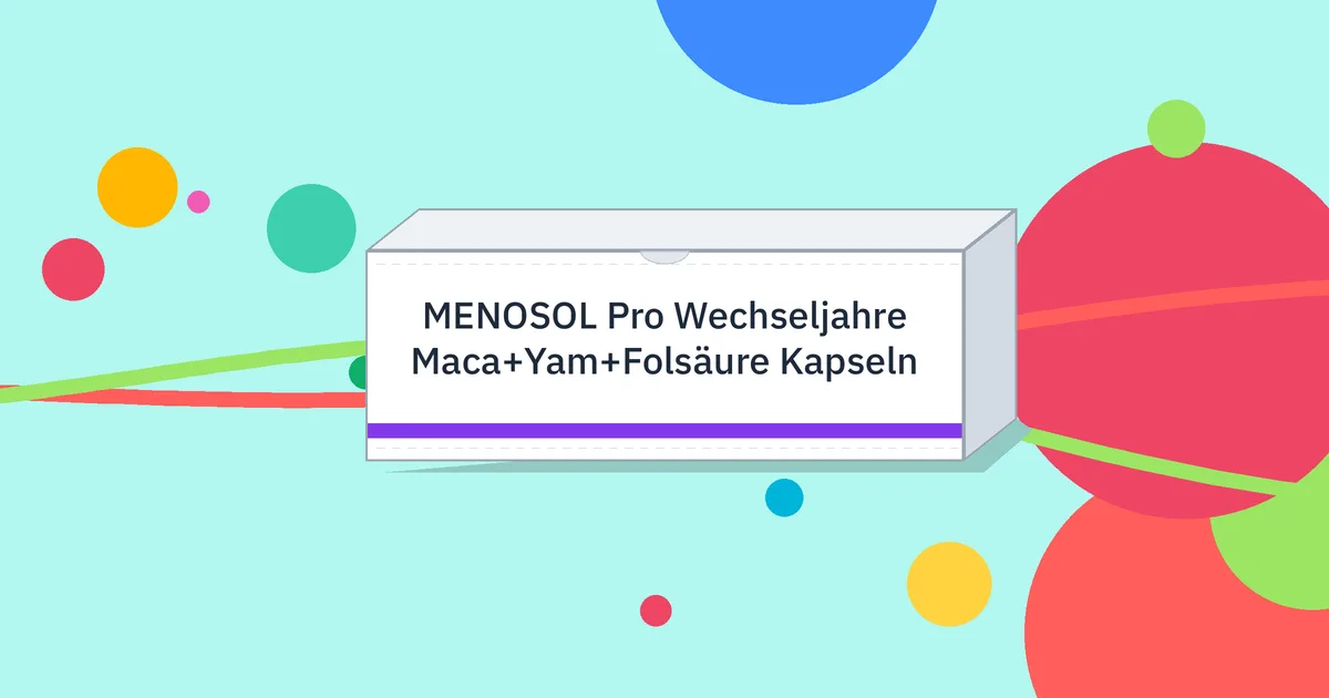 Symbolbild: Packung mit der Aufschrift MENOSOL Pro Wechseljahre Maca+Yam+Folsäure Kapseln (PZN 18411761) – Verfügbarkeit und Bezug in Apotheken in Frankfurt am Main