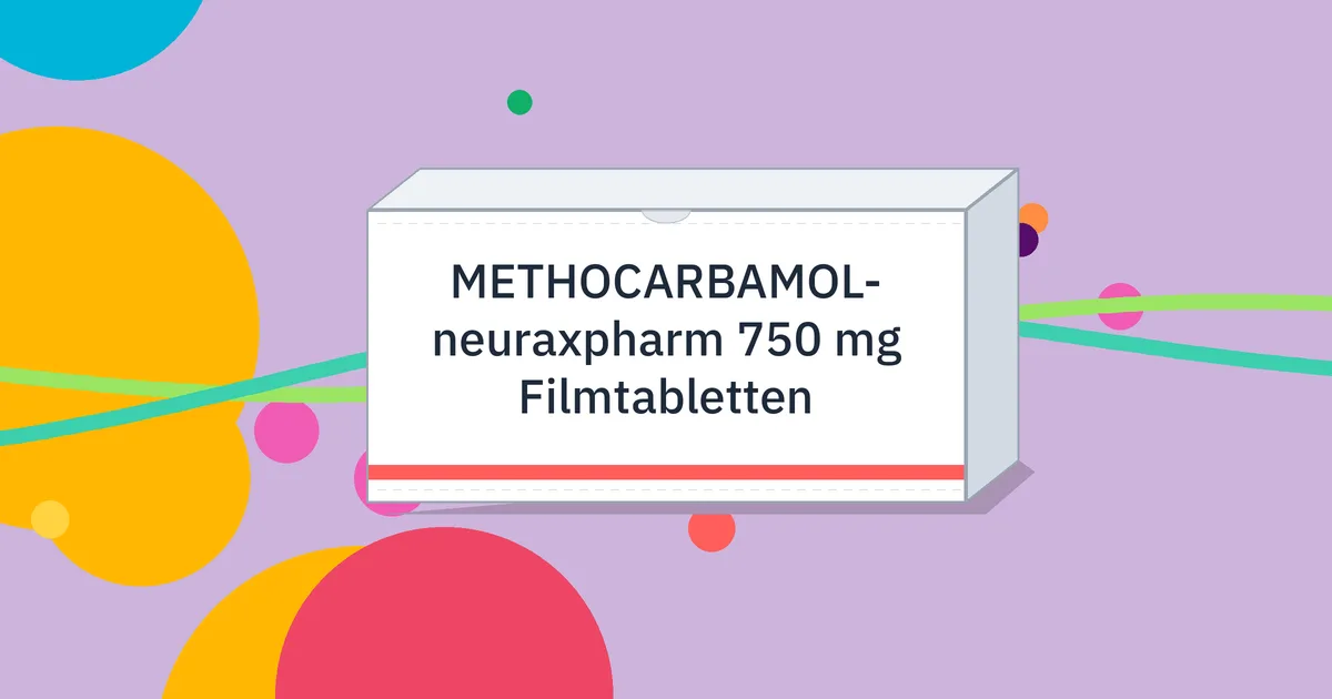 Symbolbild: Packung mit der Aufschrift METHOCARBAMOL-neuraxpharm 750 mg Filmtabletten (PZN 14179770) – Verfügbarkeit und Bezug in Apotheken in Frankfurt am Main