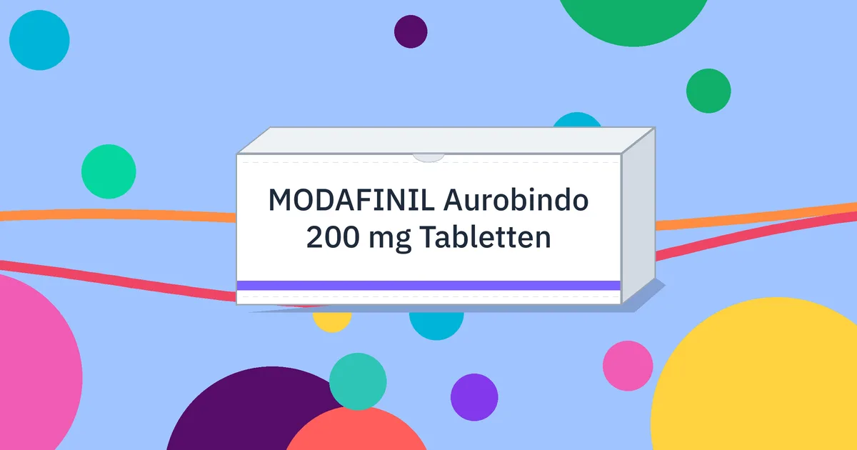 Symbolbild: Packung mit der Aufschrift MODAFINIL Aurobindo 200 mg Tabletten (PZN 12868815) – Verfügbarkeit und Bezug in Apotheken in Frankfurt am Main