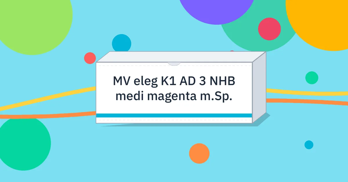 Symbolbild: Packung mit der Aufschrift MV eleg K1 AD 3 NHB medi magenta m.Sp. (PZN 15674744) – Verfügbarkeit und Bezug in Apotheken in Frankfurt am Main