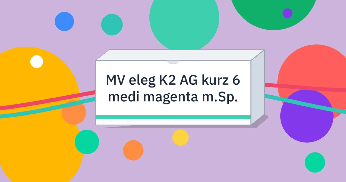 Symbolbild: Packung mit der Aufschrift MV eleg K2 AG kurz 6 medi magenta m.Sp. (PZN 14637942) – Verfügbarkeit und Bezug in Apotheken in Frankfurt am Main