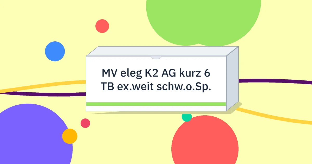 Symbolbild: Packung mit der Aufschrift MV eleg K2 AG kurz 6 TB ex.weit schw.o.Sp. (PZN 09880959) – Verfügbarkeit und Bezug in Apotheken in Frankfurt am Main