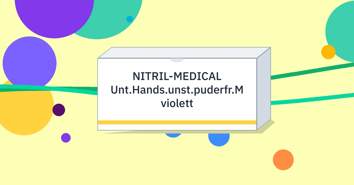 Symbolbild: Packung mit der Aufschrift NITRIL-MEDICAL Unt.Hands.unst.puderfr.M violett (PZN 18408374) – Verfügbarkeit und Bezug in Apotheken in Frankfurt am Main