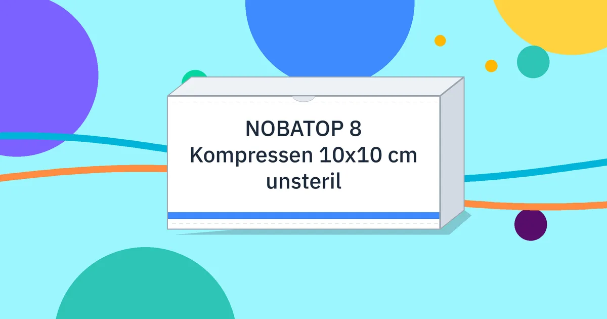 Symbolbild: Packung mit der Aufschrift NOBATOP 8 Kompressen 10x10 cm unsteril (PZN 05508648) – Verfügbarkeit und Bezug in Apotheken in Frankfurt am Main