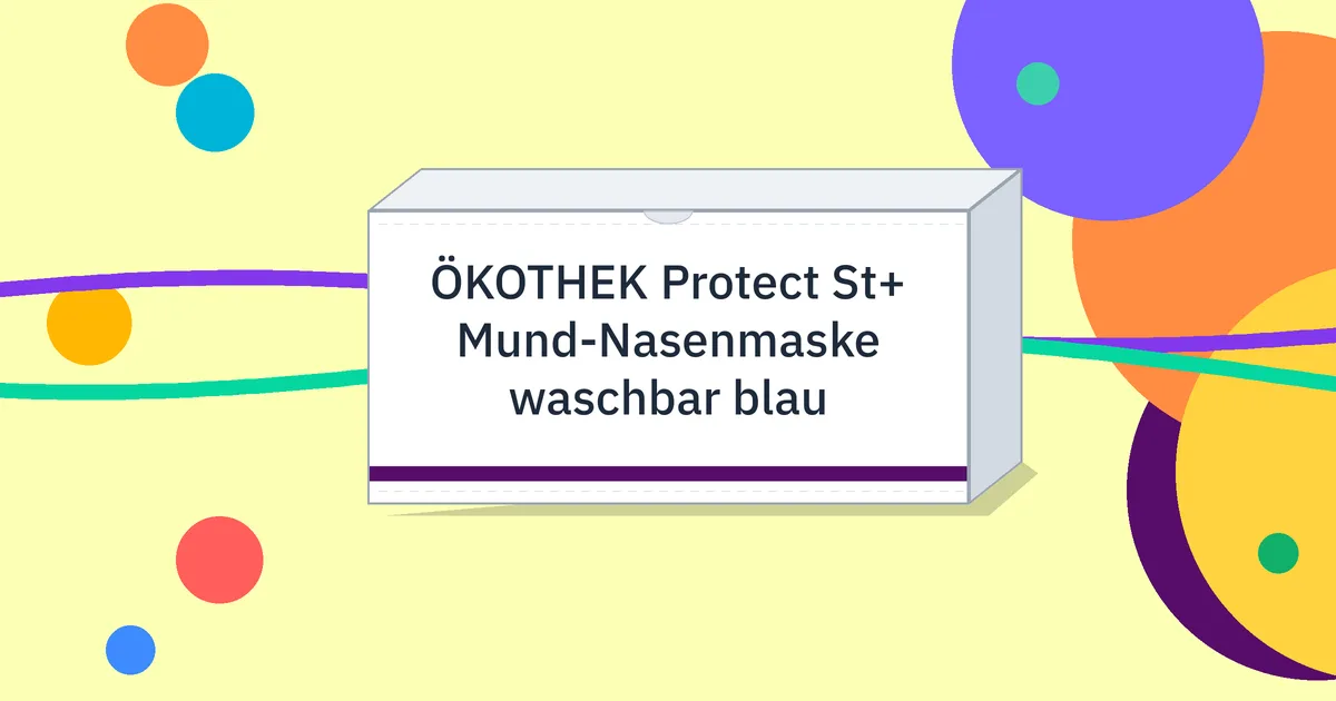 Symbolbild: Packung mit der Aufschrift ÖKOTHEK Protect St+ Mund-Nasenmaske waschbar blau (PZN 16708675) – Verfügbarkeit und Bezug in Apotheken in Frankfurt am Main