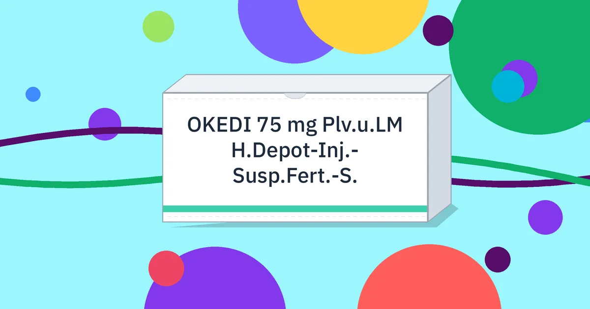 Symbolbild: Packung mit der Aufschrift OKEDI 75 mg Plv.u.LM H.Depot-Inj.-Susp.Fert.-S. (PZN 19192485) – Verfügbarkeit und Bezug in Apotheken in Frankfurt am Main