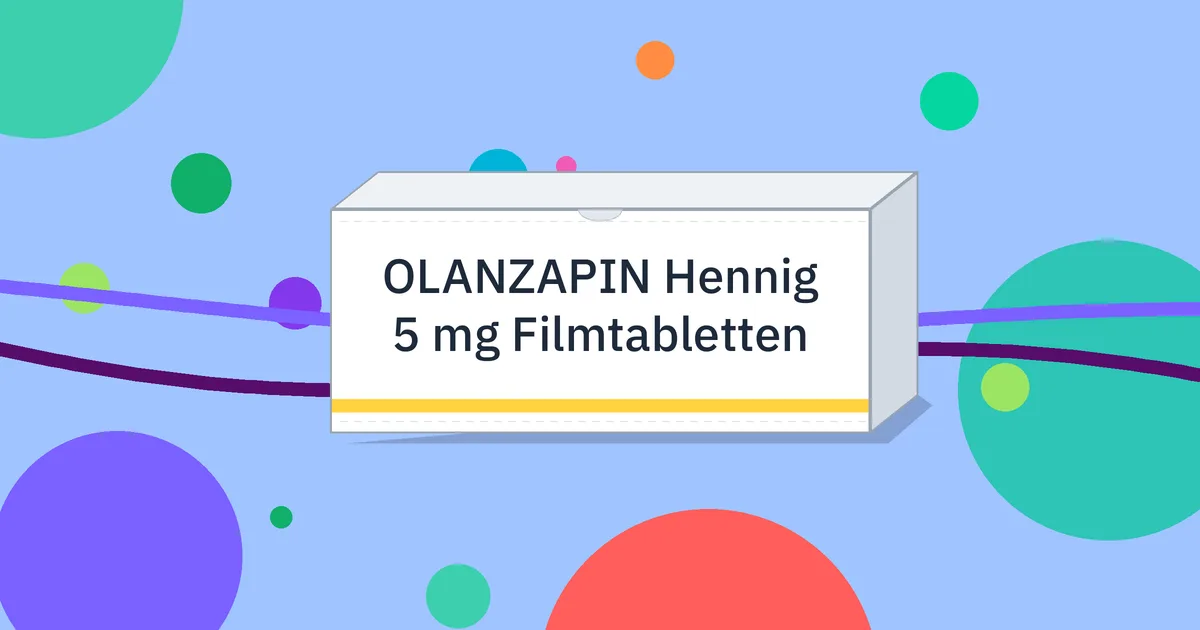 Symbolbild: Packung mit der Aufschrift OLANZAPIN Hennig 5 mg Filmtabletten (PZN 08913510) – Verfügbarkeit und Bezug in Apotheken in Frankfurt am Main