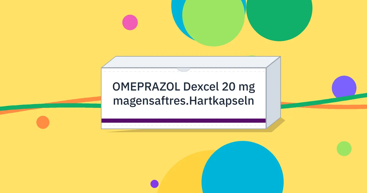 Symbolbild: Packung mit der Aufschrift OMEPRAZOL Dexcel 20 mg magensaftres.Hartkapseln (PZN 07745832) – Verfügbarkeit und Bezug in Apotheken in Frankfurt am Main