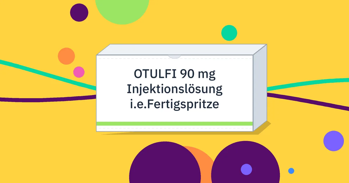 Symbolbild: Packung mit der Aufschrift OTULFI 90 mg Injektionslösung i.e.Fertigspritze (PZN 20095221) – Verfügbarkeit und Bezug in Apotheken in Frankfurt am Main