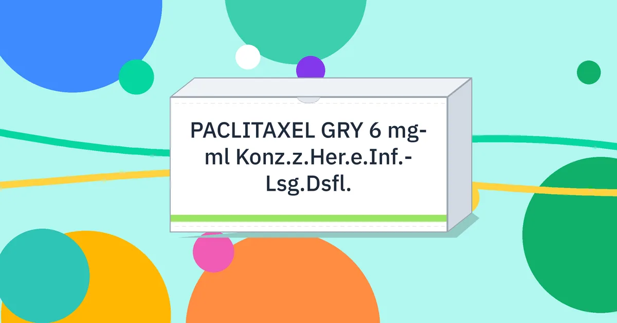 Symbolbild: Packung mit der Aufschrift PACLITAXEL GRY 6 mg-ml Konz.z.Her.e.Inf.-Lsg.Dsfl. (PZN 00399083) – Verfügbarkeit und Bezug in Apotheken in Frankfurt am Main