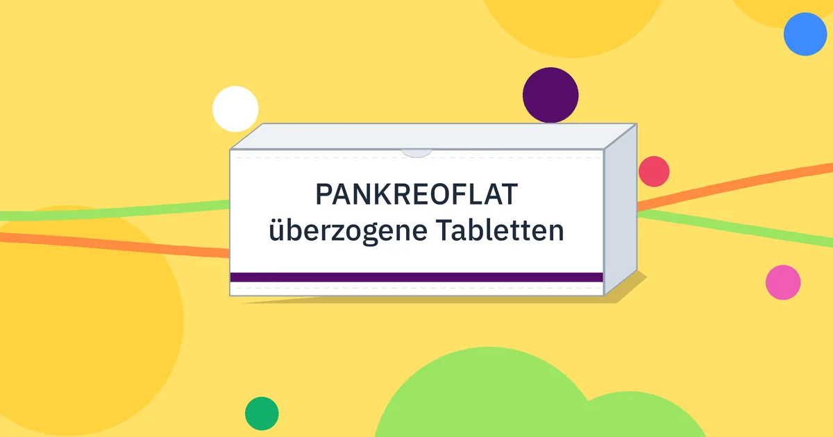 Symbolbild: Packung mit der Aufschrift PANKREOFLAT überzogene Tabletten (PZN 04946903) – Verfügbarkeit und Bezug in Apotheken in Frankfurt am Main