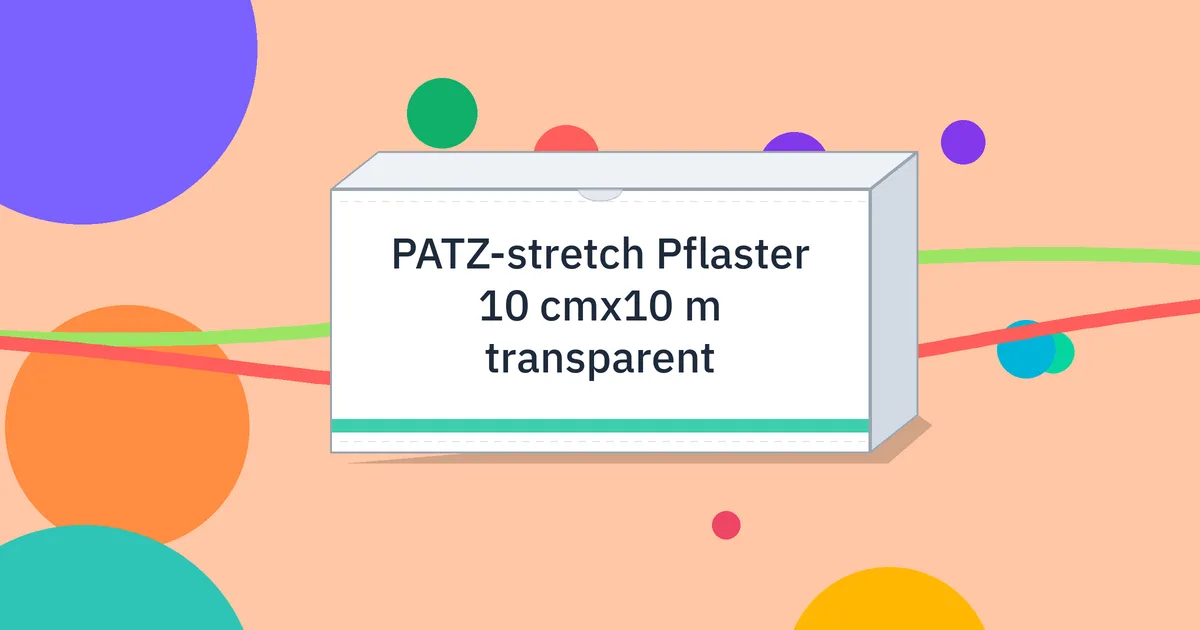 Symbolbild: Packung mit der Aufschrift PATZ-stretch Pflaster 10 cmx10 m transparent (PZN 06813537) – Verfügbarkeit und Bezug in Apotheken in Frankfurt am Main