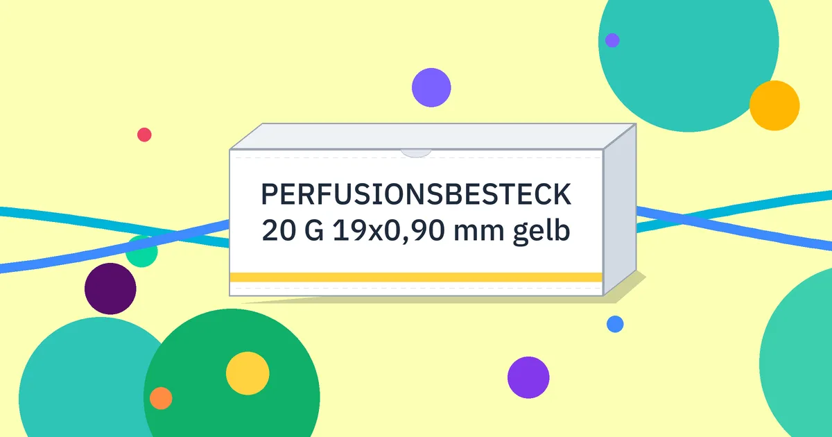 Symbolbild: Packung mit der Aufschrift PERFUSIONSBESTECK 20 G 19x0,90 mm gelb (PZN 13846603) – Verfügbarkeit und Bezug in Apotheken in Frankfurt am Main