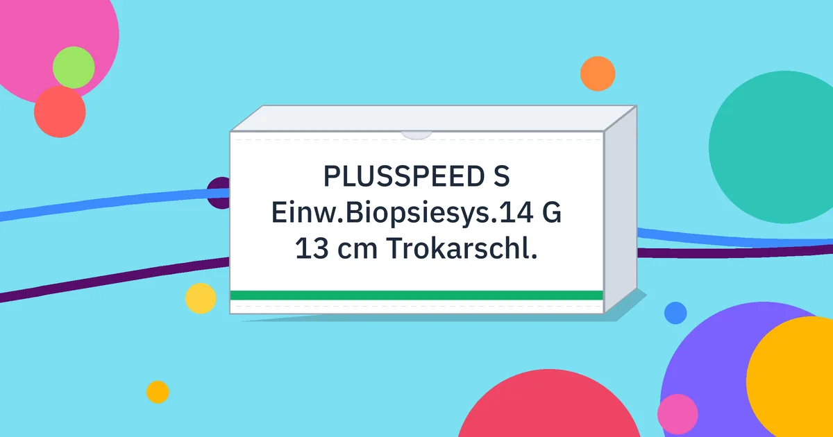 Symbolbild: Packung mit der Aufschrift PLUSSPEED S Einw.Biopsiesys.14 G 13 cm Trokarschl. (PZN 14258127) – Verfügbarkeit und Bezug in Apotheken in Frankfurt am Main